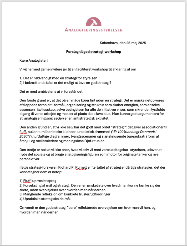 Impulsiv invitation til strategi-workshop – Analogiseringsstyrelsen